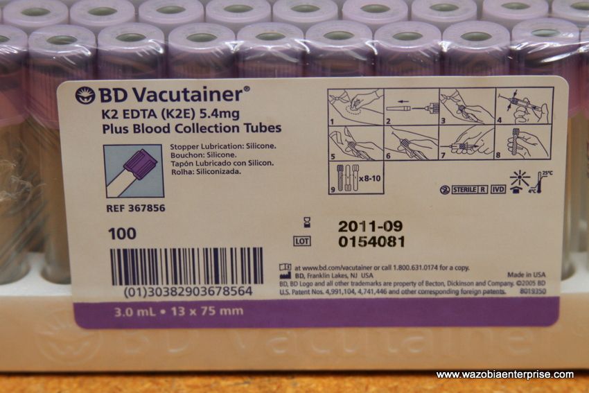 BD VACUTAINER K2 EDTA K2E 5.4MG PLUS BLOOD COLLECTION TUBES 100/PACK ...